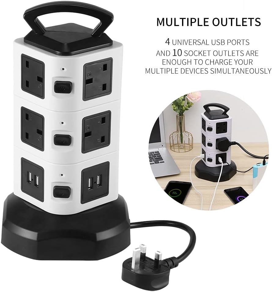 Power Extension Vertical/Tower Socket Surge Protector,2M Cord Extension ...