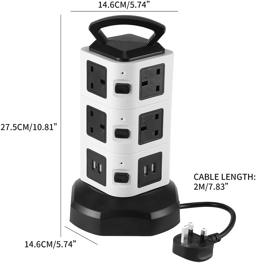Power Extension Vertical/Tower Socket Surge Protector,2M Cord Extension ...