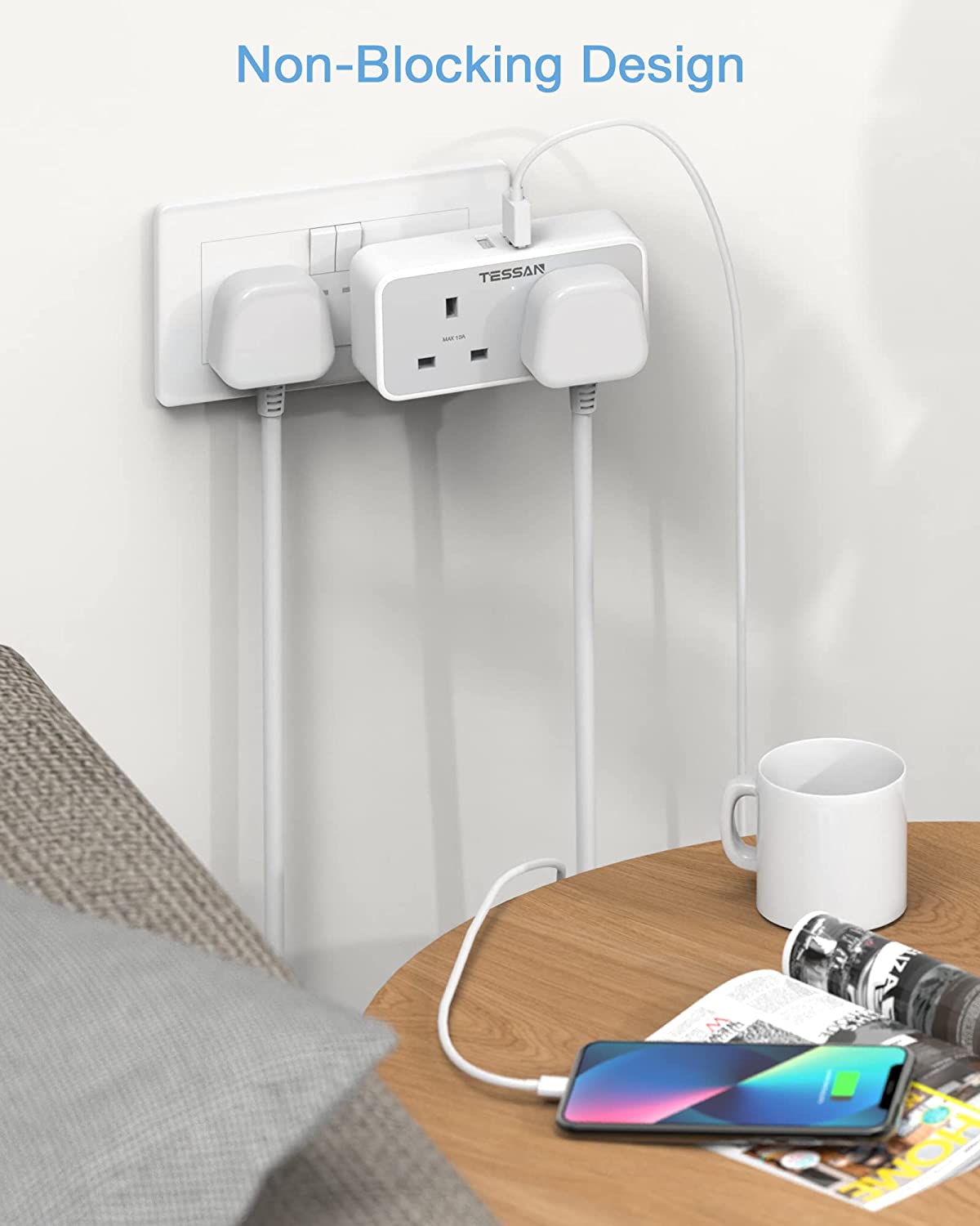 TESSAN Double Plug Adaptor with 2 USB, Multi Plugs Extension Adapter ...