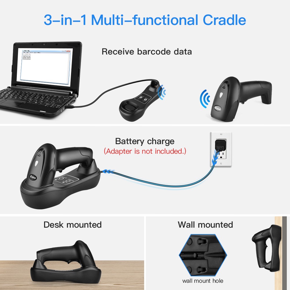 Handheld 1D Wireless Barcode Scanner with USB Cradle Receiver Charging ...