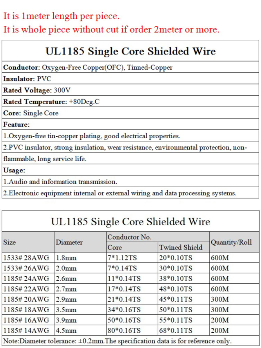 UL1185 Shielded Wire Signal Cable 28 26 24 22 20 18 16 14 AWG Channel Audio Single Core 1C ...
