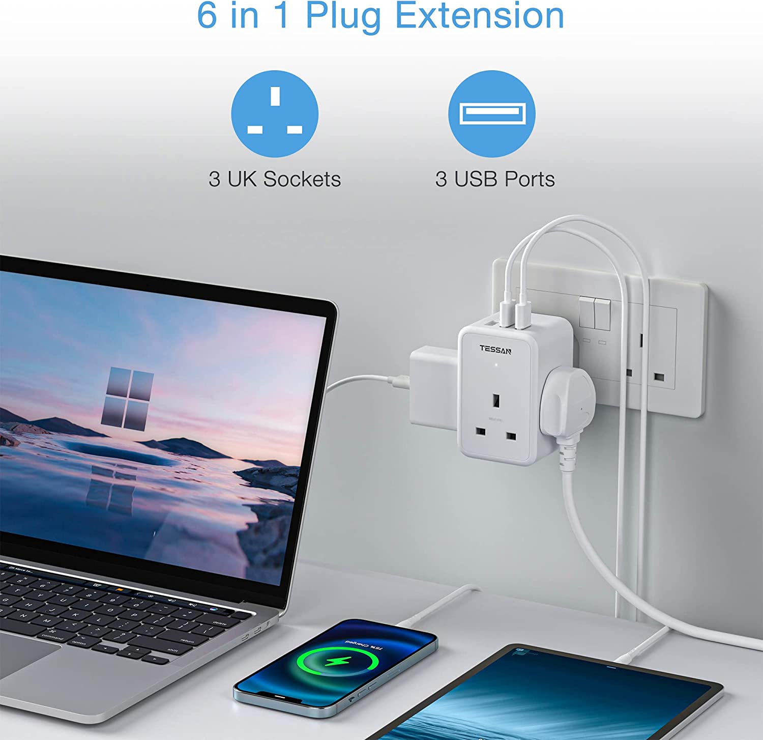 TESSAN Extension Plug Power Socket with USB，Plug Adaptor 13A Cube UK 3 ...