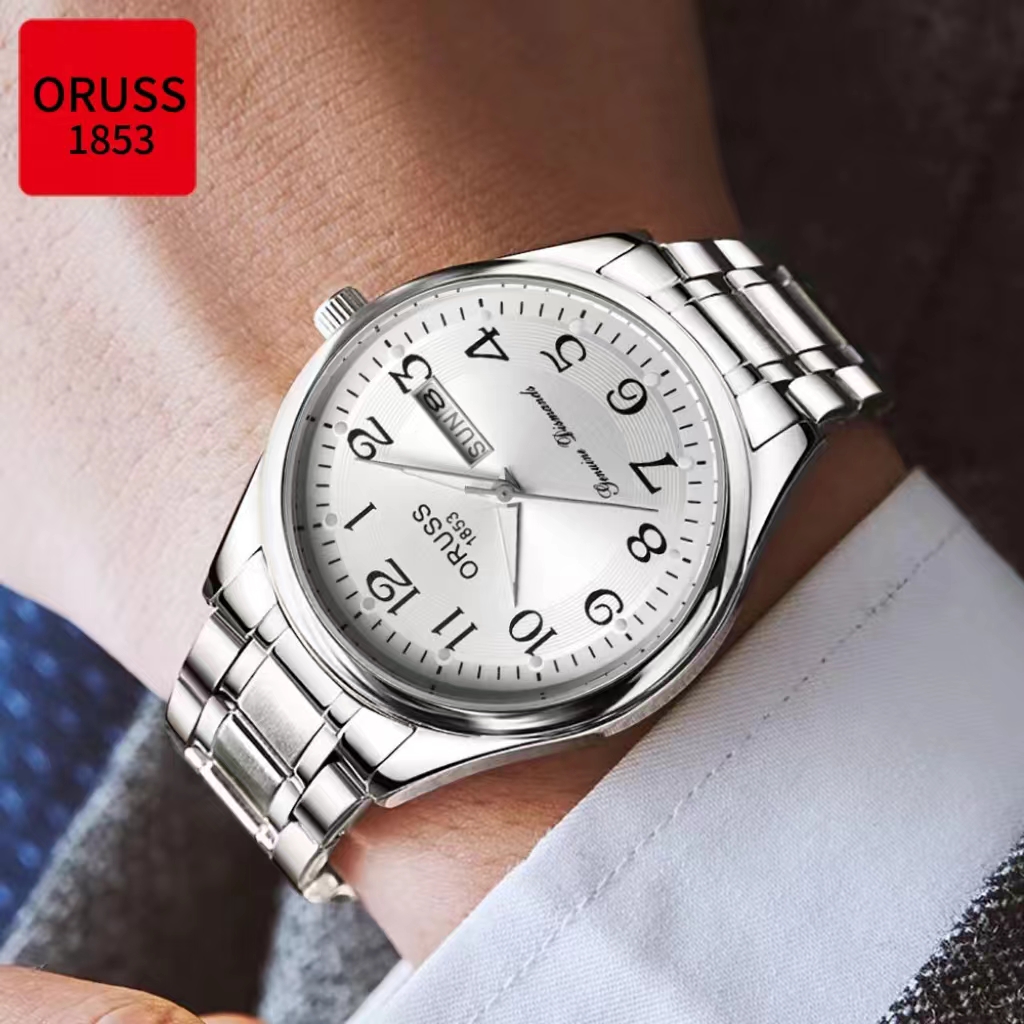 ORUSS Original Men Dual Calendar Stainless Steel Waterproof Gold/Silver ...
