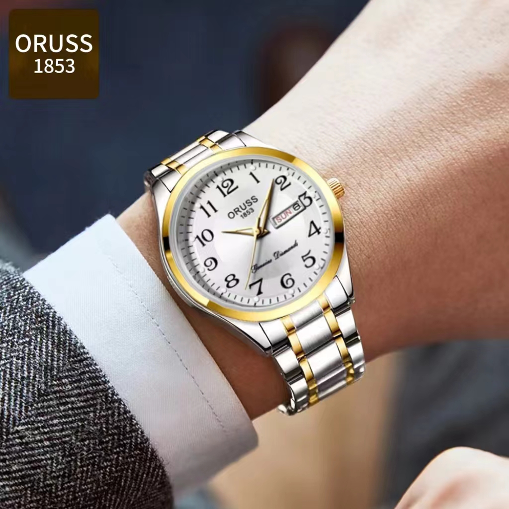 ORUSS Original Men Dual Calendar Stainless Steel Waterproof Gold/Silver ...