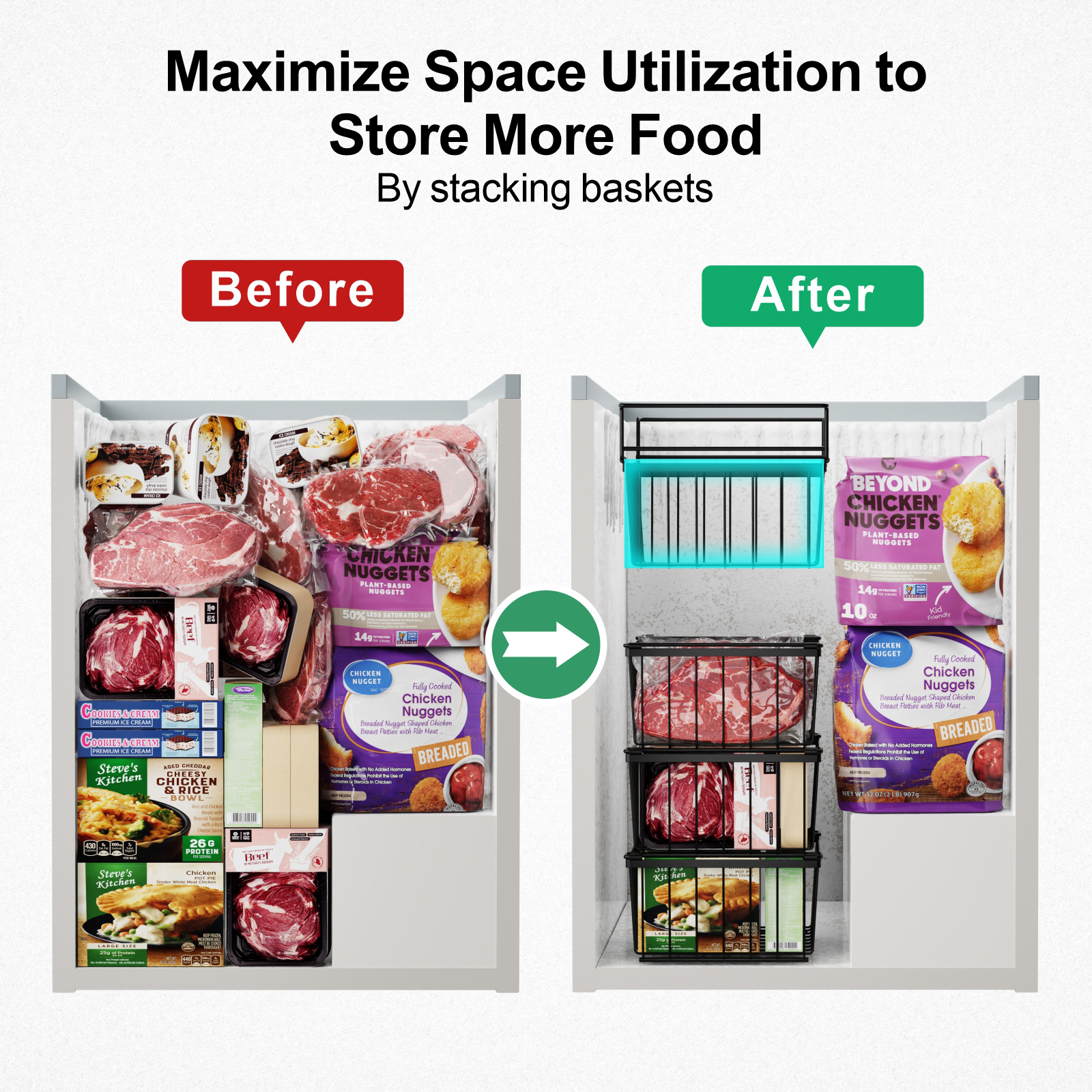 iSPECLE 4/8 Packs Stackable Chest Freezer Basket Organizer Fridge ...