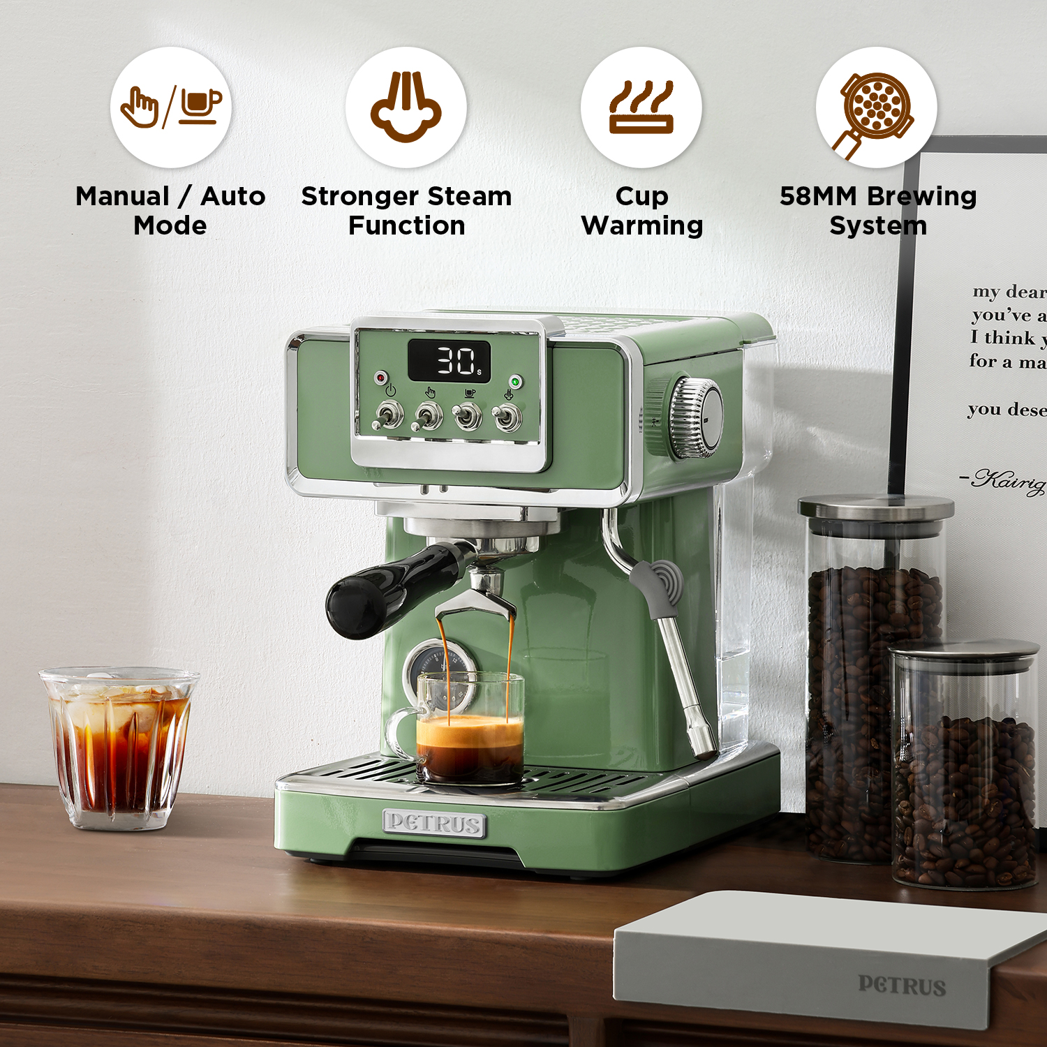 Petrus Espresso Coffee Machine 58mm/15 Bar Espresso Maker with Milk ...