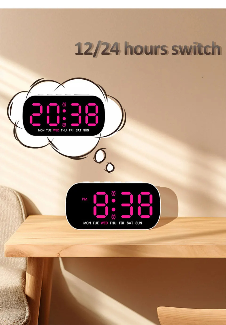 Desktop Digital Alarm Clock Multi-functional LED Digital Alarm Clock 12 ...