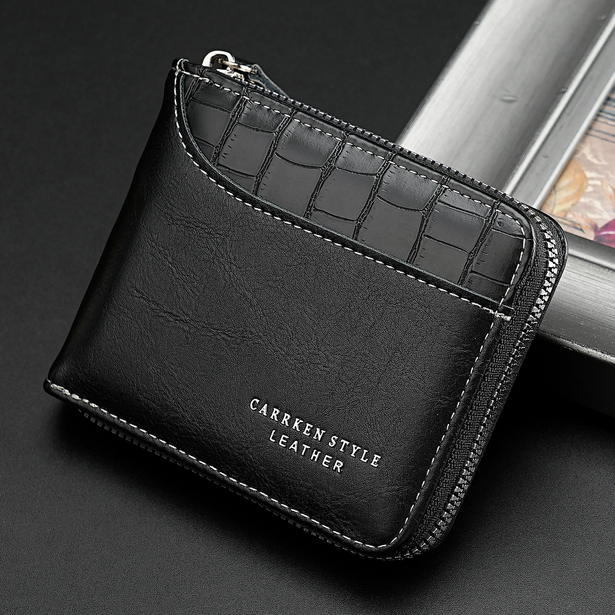 1 Piece Business Stitching Stone Pattern Men's Zipper Short Wallet ...