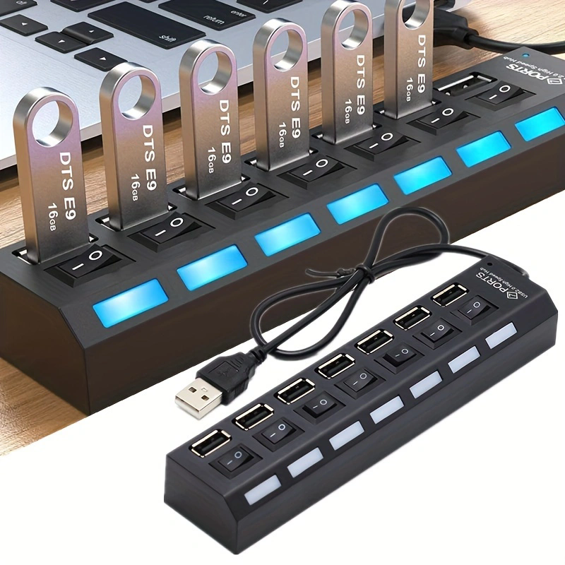 7 Ports 4 Ports USB Hub LED 2.0 Adapter Power On or Off Switch For PC ...