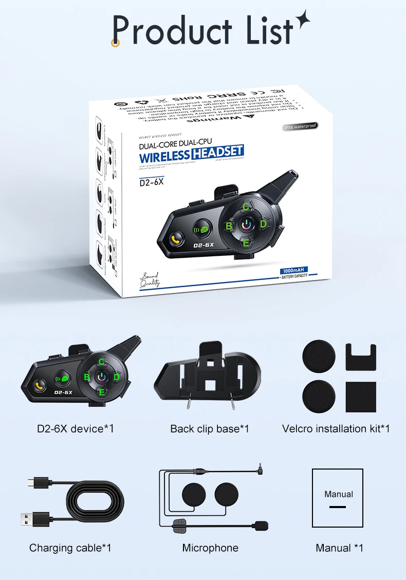 (Local Shipment) D2-6X Motorcycle Helmet Intercom 1000M Distance ...