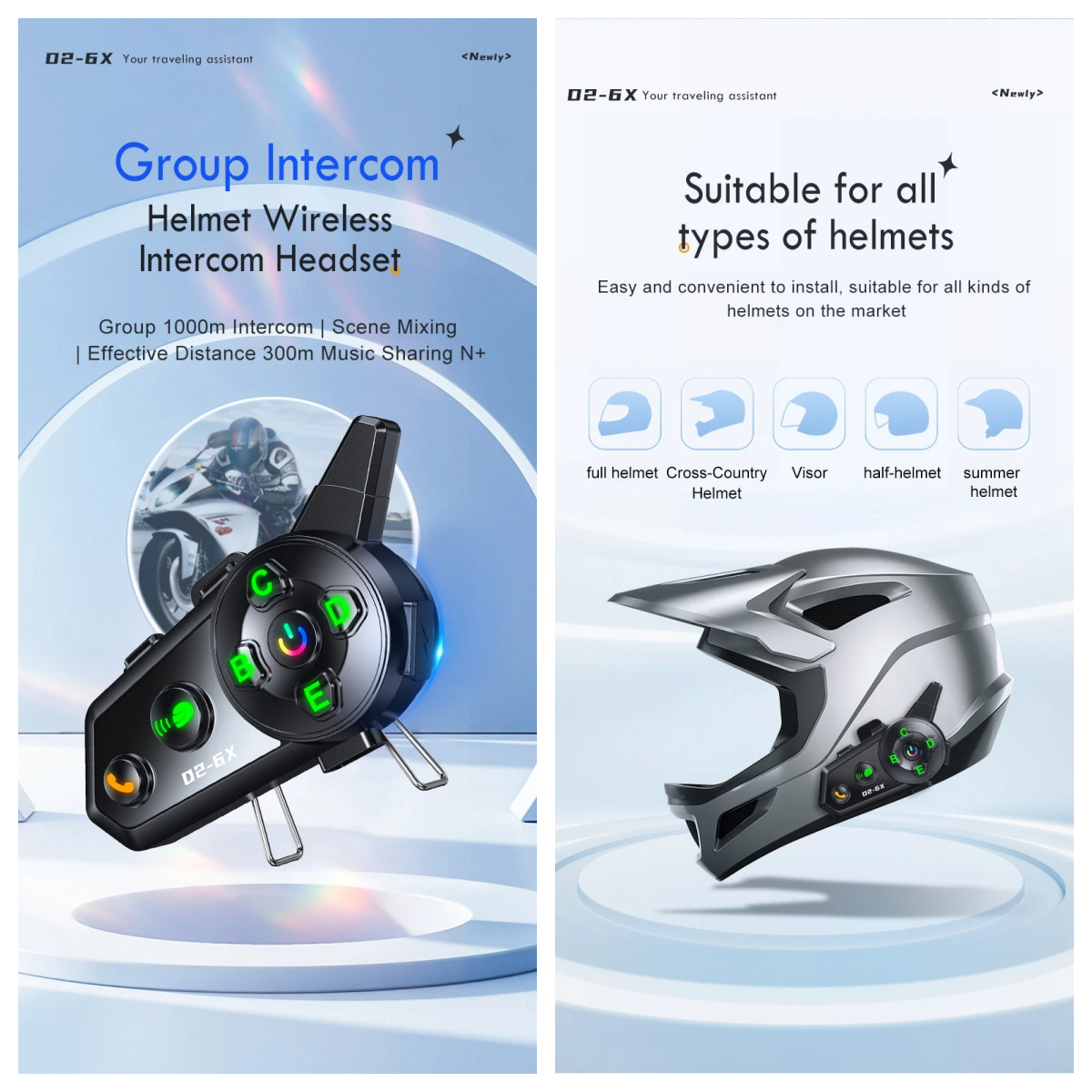 (Local Shipment) D2-6X Motorcycle Helmet Intercom 1000M Distance ...