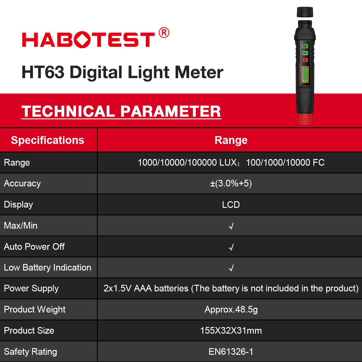 HABOTEST HT63 Mini Digital Light Meter Lux Meter Photometer UV ...