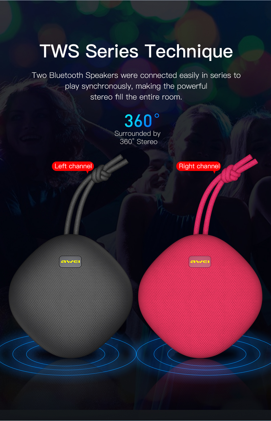 Awei Y336 Mini Outdoor Speaker Bluetooth 5.0 TWS Stereo HiFi Portable Soundbar IPX7 Audio ...