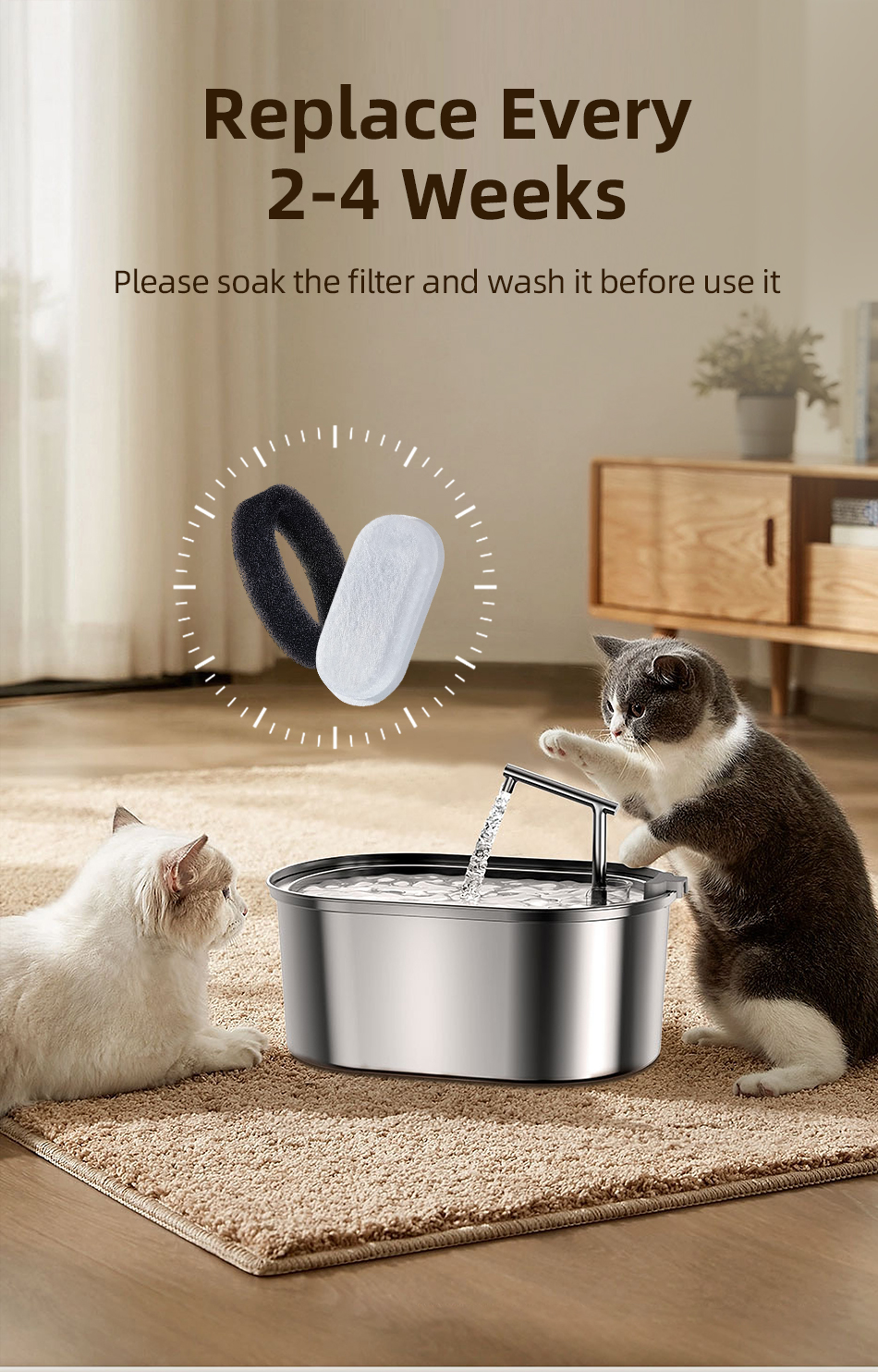 Rojeco 3.2L Cat Drinking Fountain Filters 2L 304 Stainless Steel Pet ...