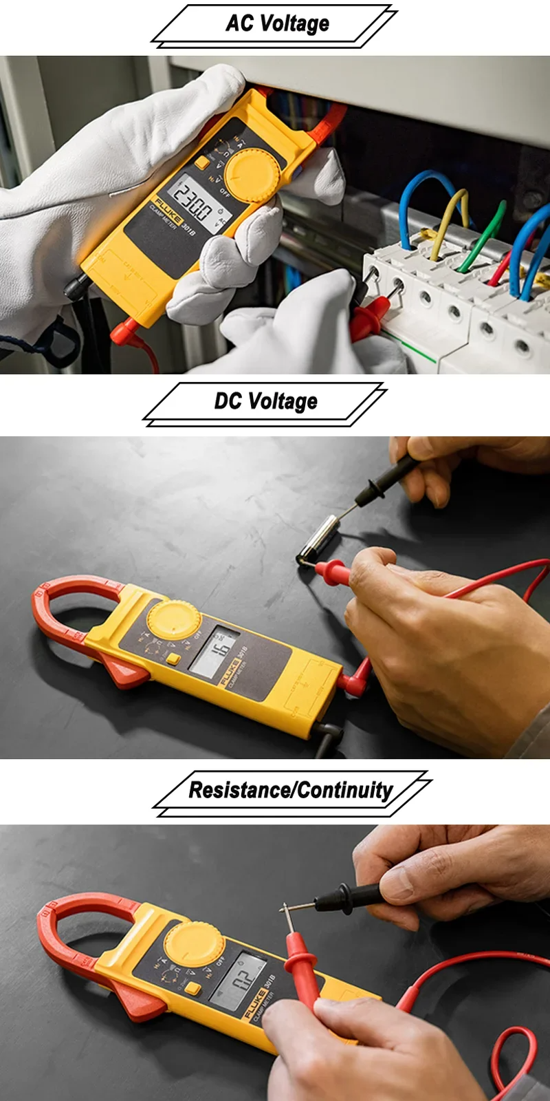 Fluke 301D AC/DC Clamp Meter Voltage Tester Resistance Continuity ...