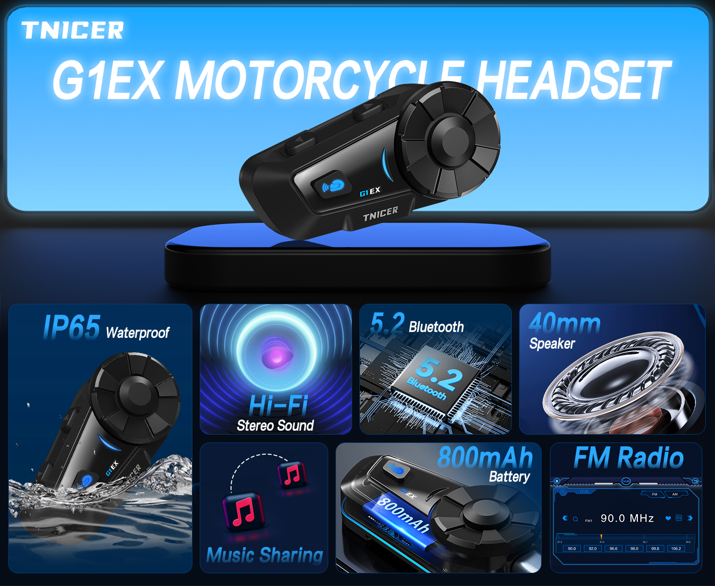 Tnicer G1EX Helmet Intercom Bluetooth Headset Support 6-riders Intercom ...
