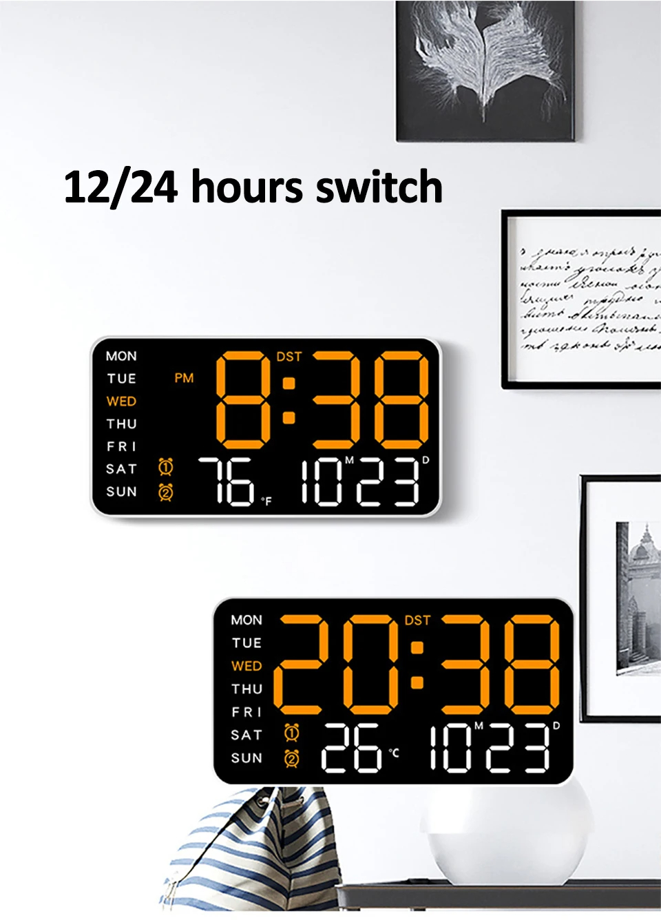 LED Digital Wall Clocks Voice Control Table Clock 12/24H Temp Date Week ...
