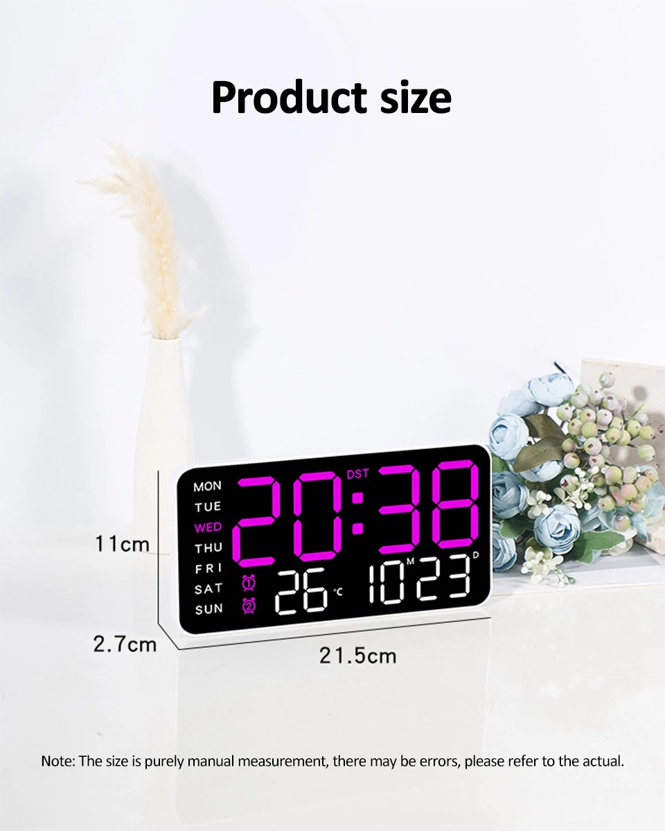 LED Digital Wall Clocks Voice Control Table Clock 12/24H Temp Date Week ...