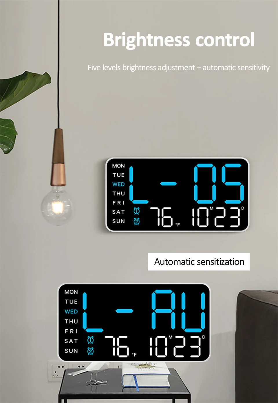 LED Digital Wall Clocks Voice Control Table Clock 12/24H Temp Date Week ...