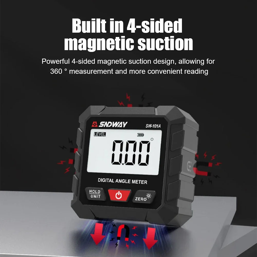 SNDWAY Inclinometer Angle Meter SW-101A Digital 4-Sided Magnetic 4x90° Angle Slope Measurement ...