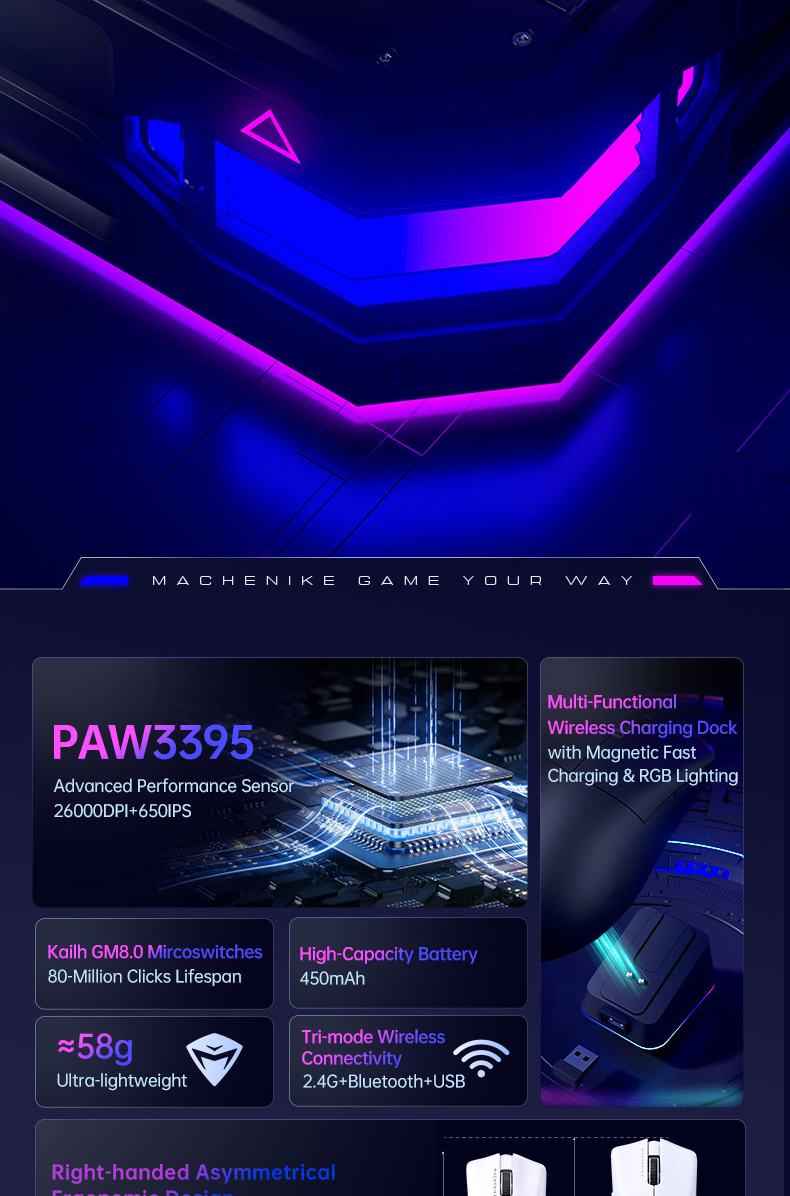 Machenike L8 Max Tri-Mode Wireless Mouse With Charging Dock PAW3395 26000 DPI Gaming Mouse 66g ...