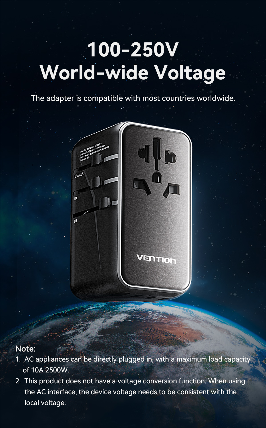 Vention 65W GaN Global Universal Travel Adapter International Charger ...