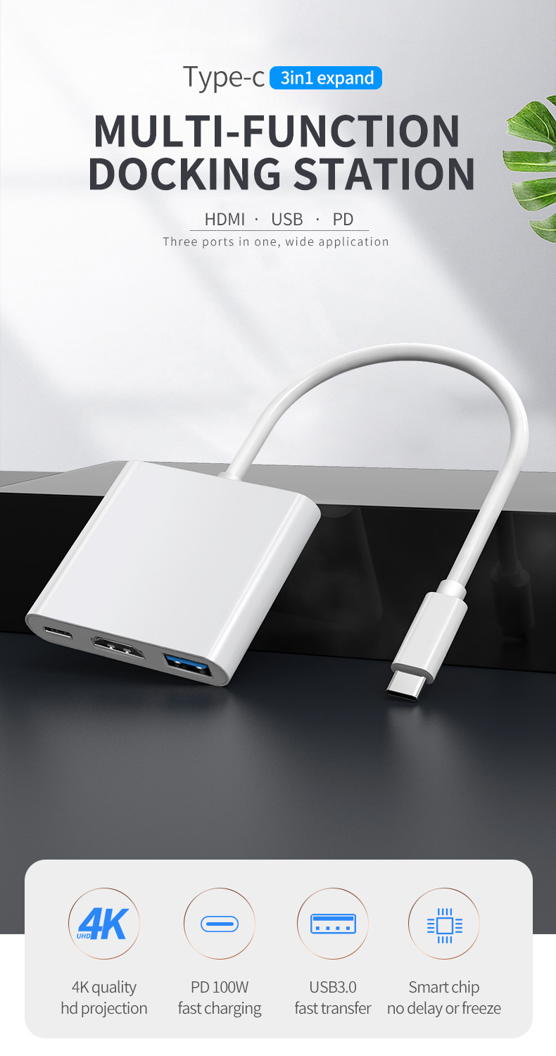 Portable USB To HDMI Multiport Converter 3 in 1 USB C Hub 4K30Hz Type C to HDMI Docking Station ...