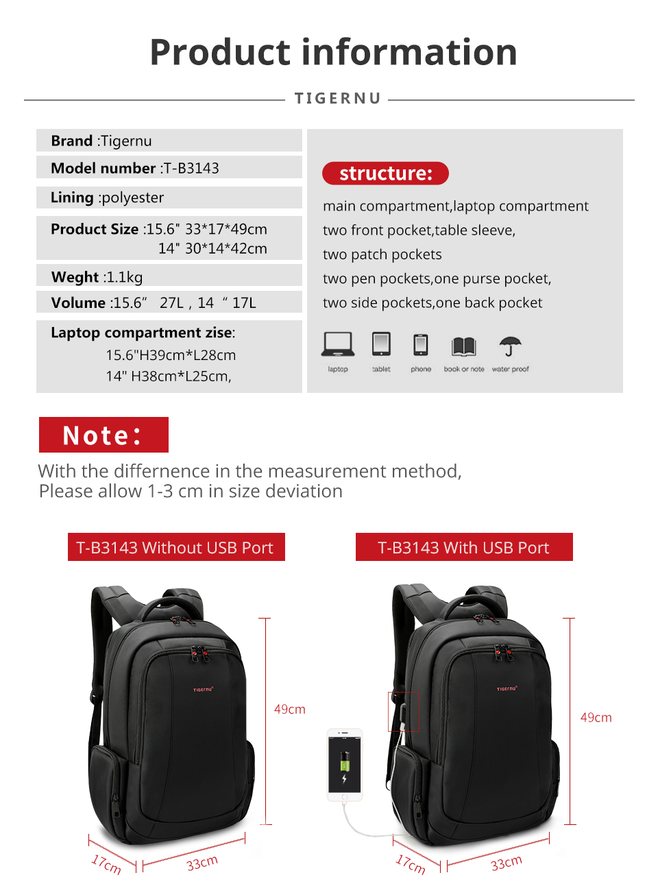 Tigernu 3143 USB Charging Anti Theft Waterproof Nylon Travel Backpack ...