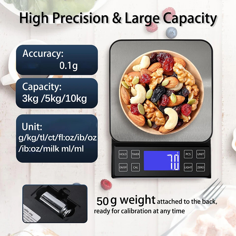 Digital Kitchen Scale 3/5/10kg Stainless Steel Electronic Balance High Precision Portable ...