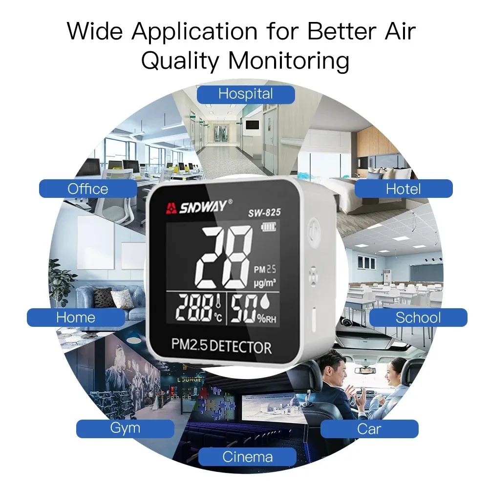 SNDWAY SW-825 Digital PM2.5 Detector 0-500ug/m³ Mini Portable Temperature Humidity Meter PM 2.5 ...