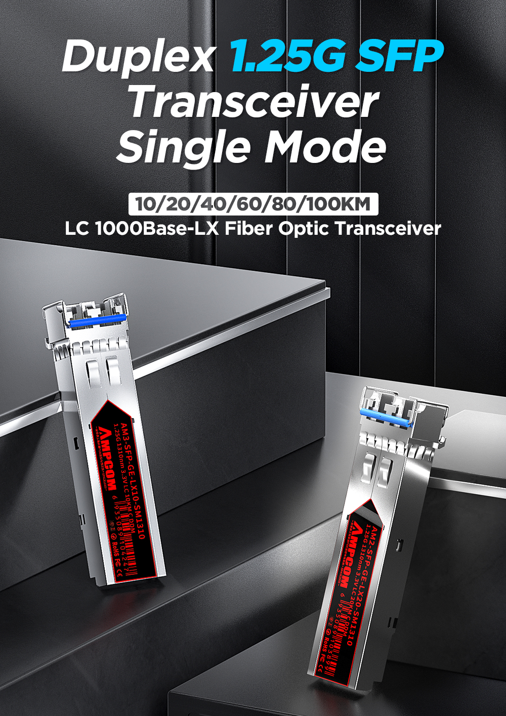 AMPCOM 1.25Gbps SFP Transceiver, Duplex LC, 1000Base-LX Single Mode ...