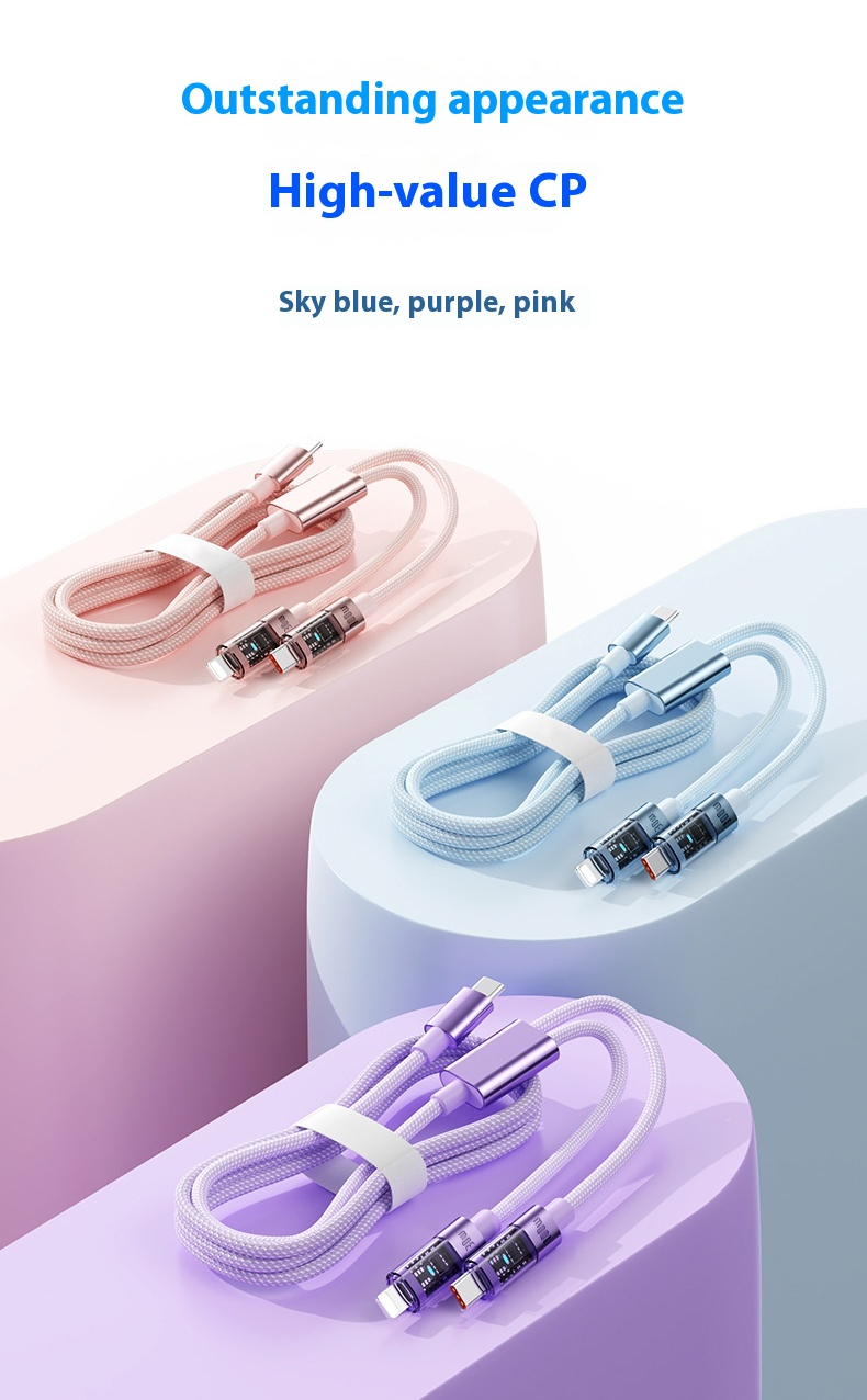 100W 2 In 1 Super Fast Charging Cable Transparent Dual Head Flash ...