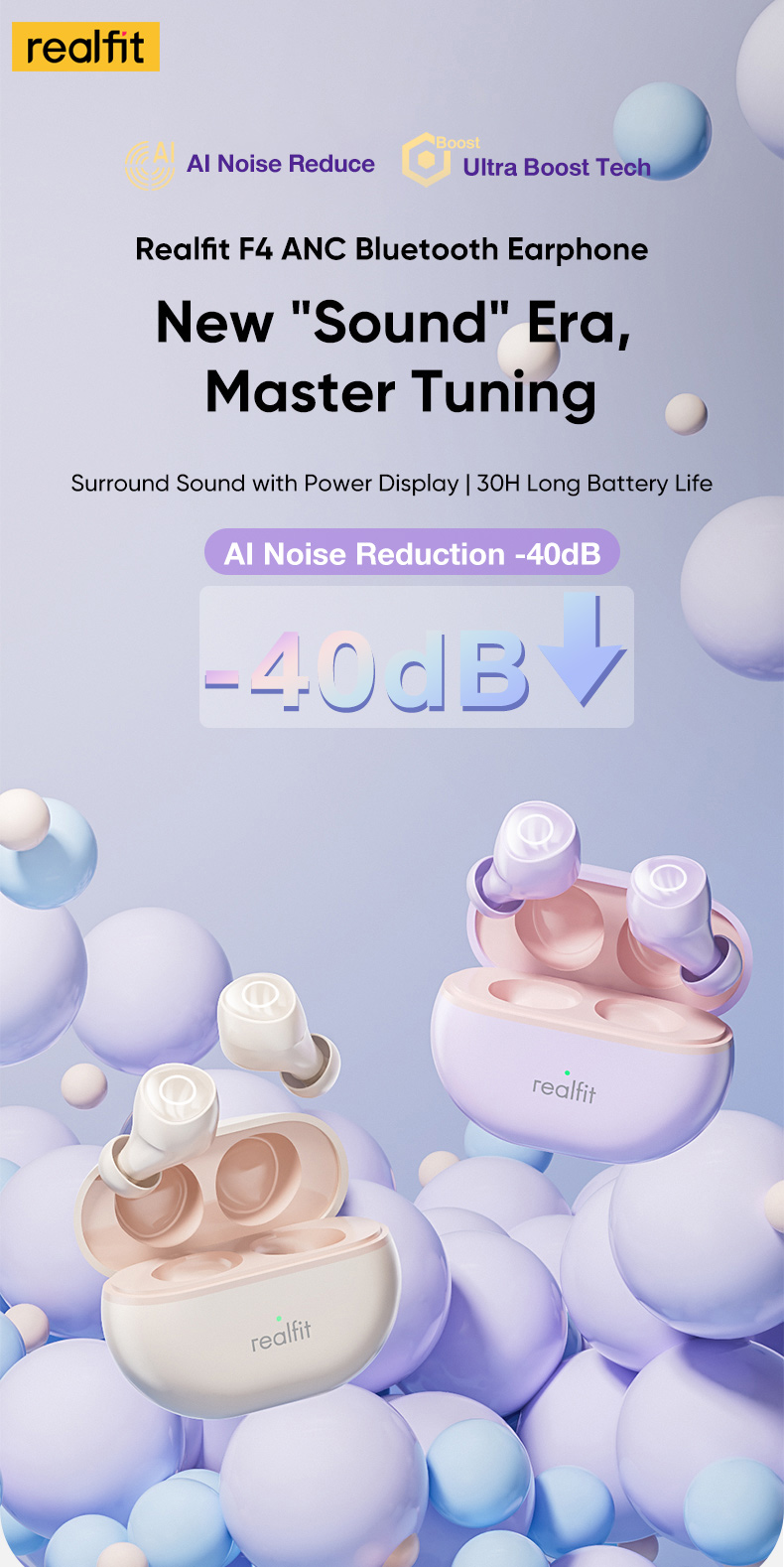 【Local Stock】Realfit F4 Bluetooth Earbuds ANC -40dB,Ultra deep Bass ...