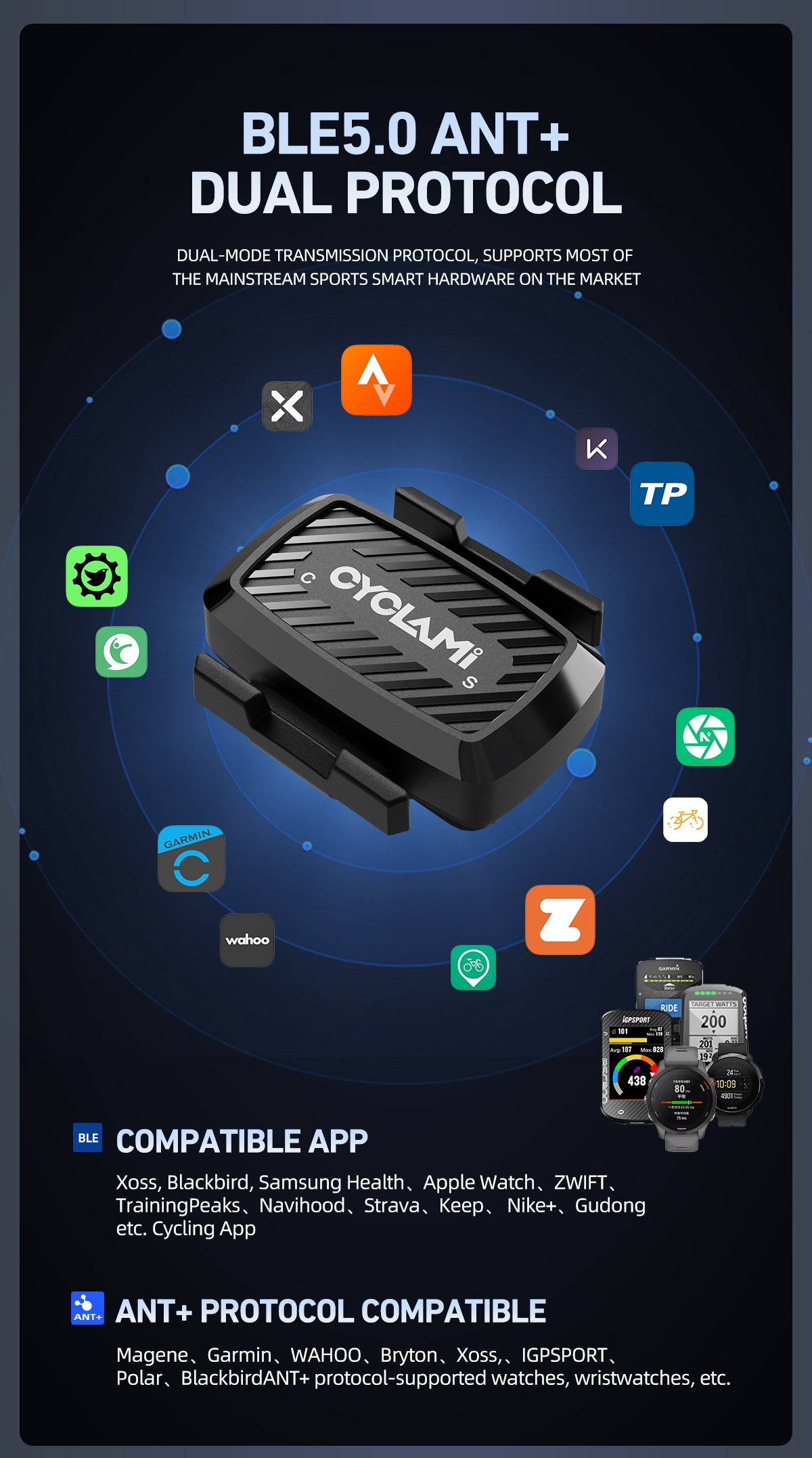 CYCLAMI Bike Cadence Speed Sensor Speedometer ANT+ Wireless Transmission For Garmin XOSS ...