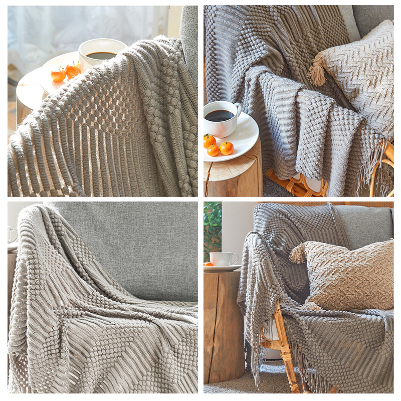 【ship in 24H】ins Sofa Blanket Nordic Knitted Throw Blanket Soft Tassel Blanket Throw Blanket ...