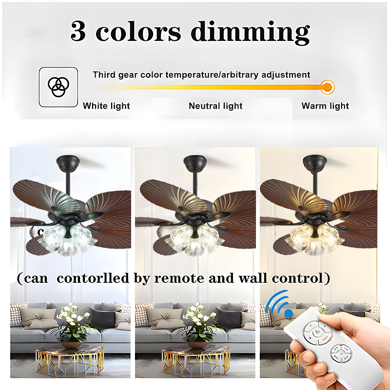 52 Inch 5 E27 LED Ceiling Fan With Light Banana Leaf Shape With 3 Color ...