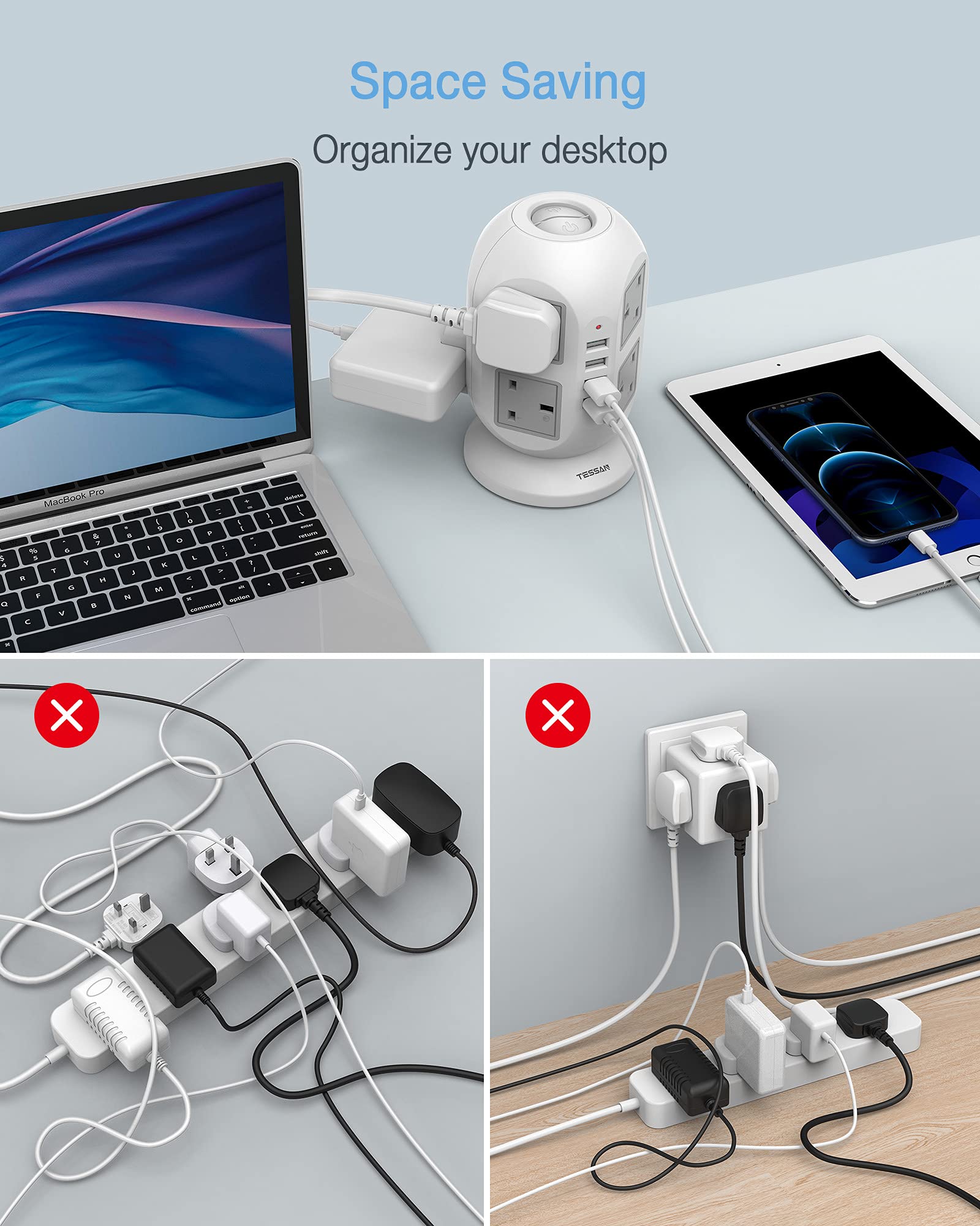 TESSAN Power Extension Tower Socket Extension Plug Power Socket Surge ...