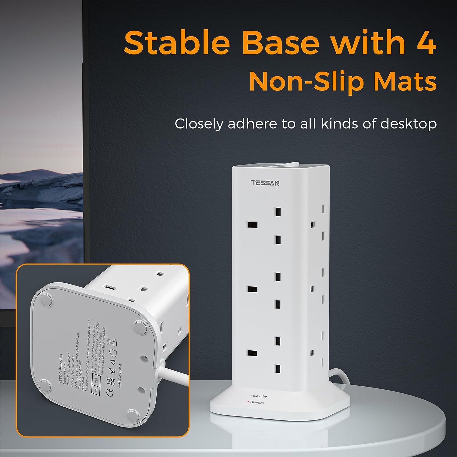 TESSAN Extension Socket Multi Plug Towe Power Strip 2M Extension Cord ...