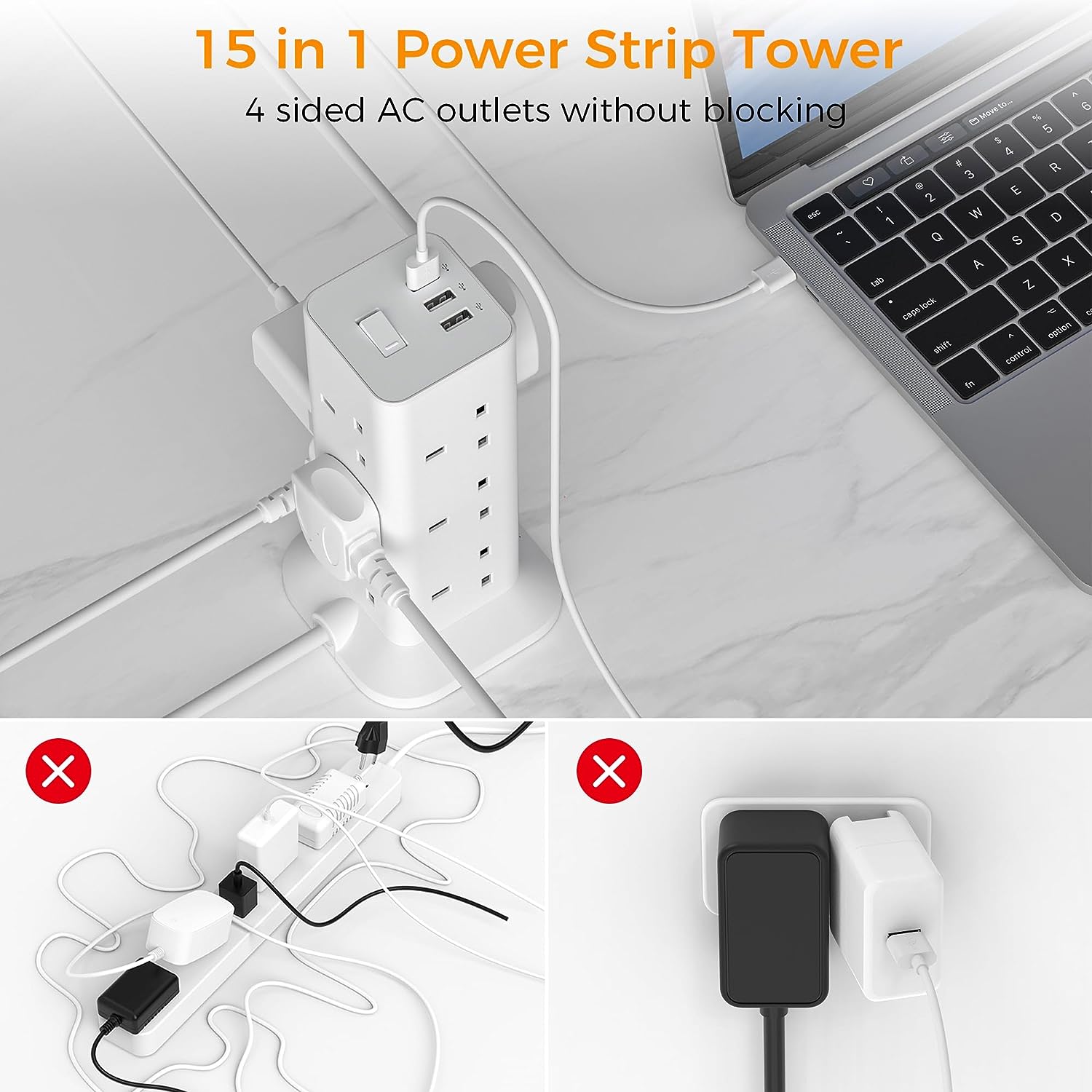 TESSAN Extension Socket Multi Plug Towe Power Strip 2M Extension Cord ...