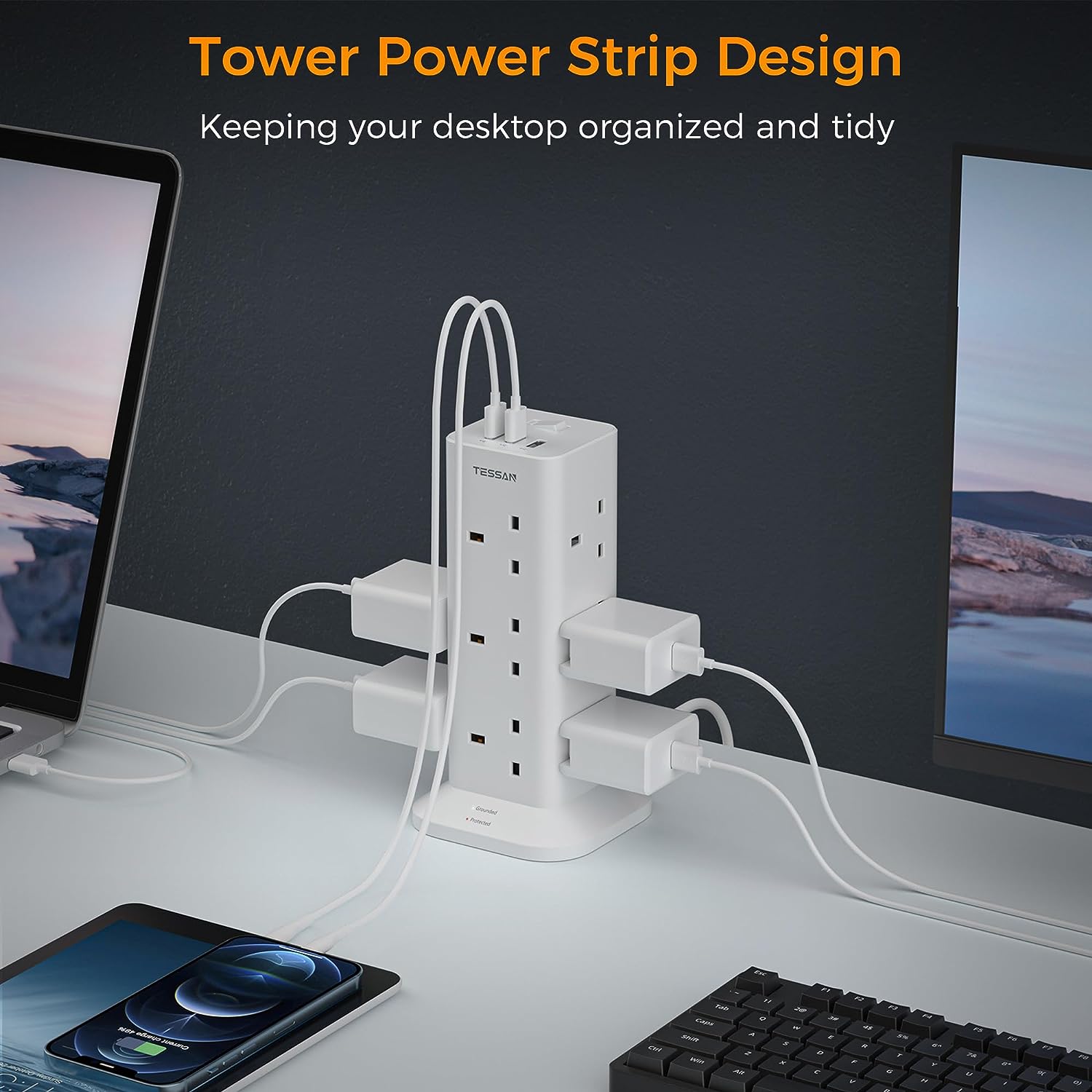 TESSAN Extension Socket Multi Plug Towe Power Strip 2M Extension Cord ...