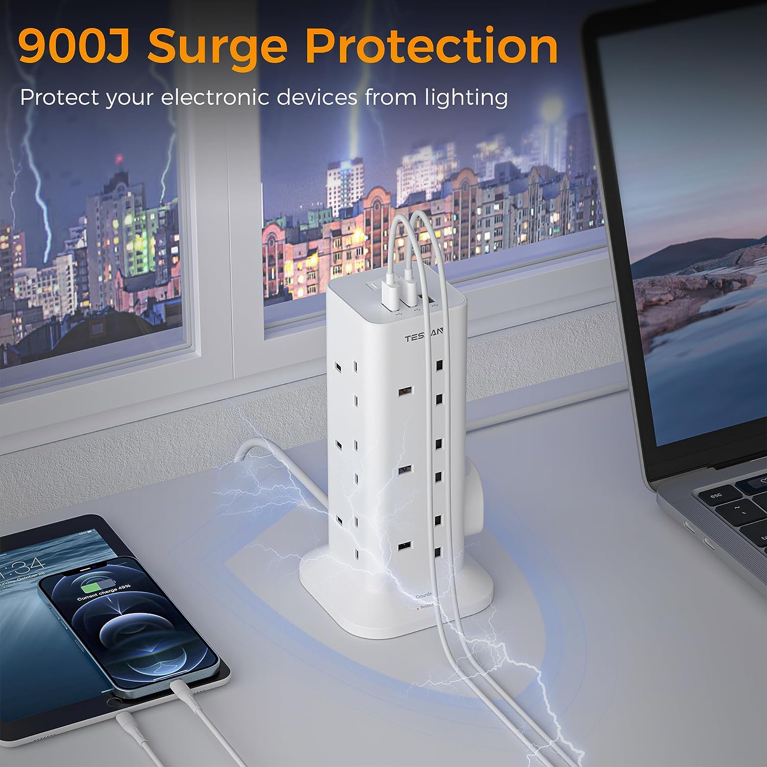 TESSAN Extension Socket Multi Plug Towe Power Strip 2M Extension Cord ...