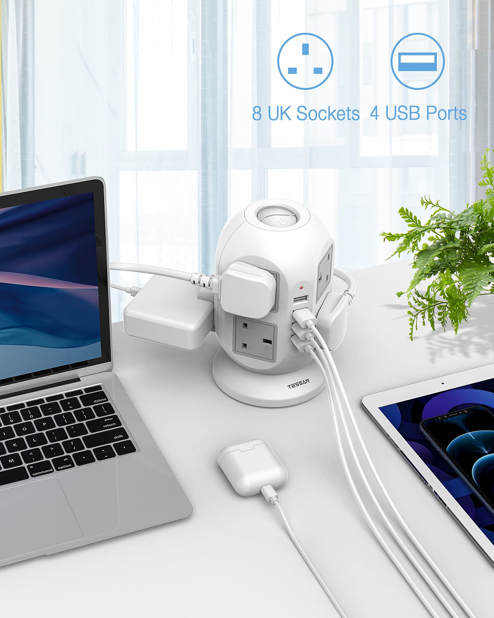 TESSAN Power Extension Tower Socket Extension Plug Power Socket Surge ...