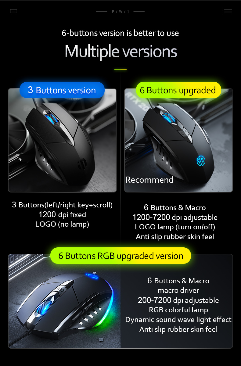 Inphic W1 Gaming Mouse Wired 200-8800DPI Optical Mice 6 Programmable ...