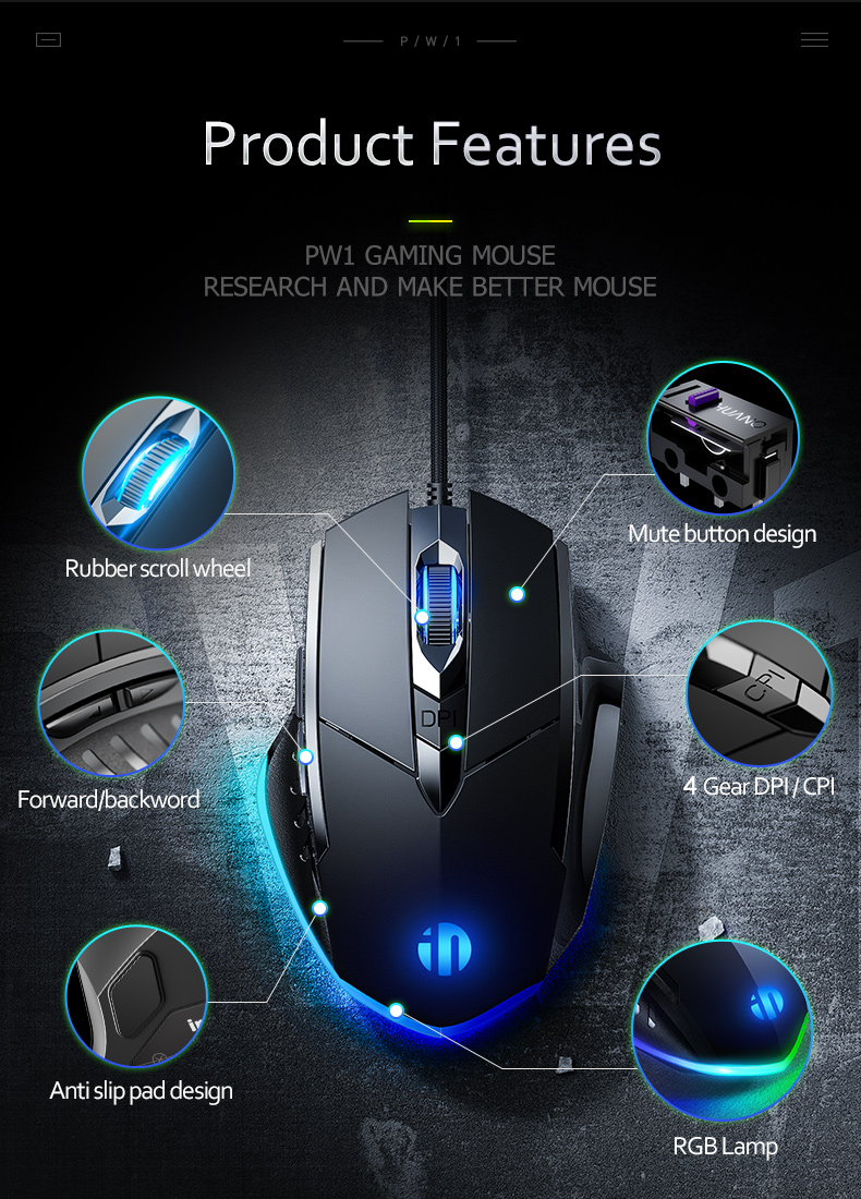 Inphic W1 Gaming Mouse Wired 200-8800DPI Optical Mice 6 Programmable ...