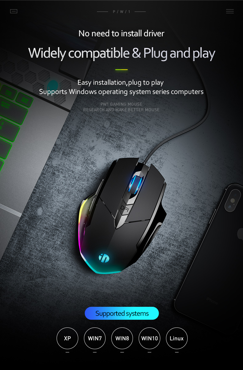 Inphic W1 Gaming Mouse Wired 200-8800DPI Optical Mice 6 Programmable ...