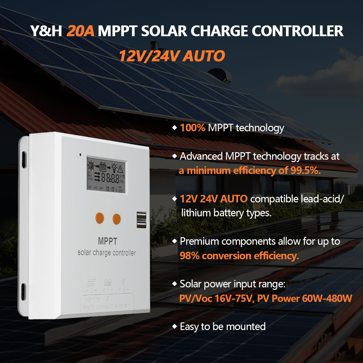 Y&H 20A MPPT Solar Charger Controller 12V/24V Battery Temperature ...