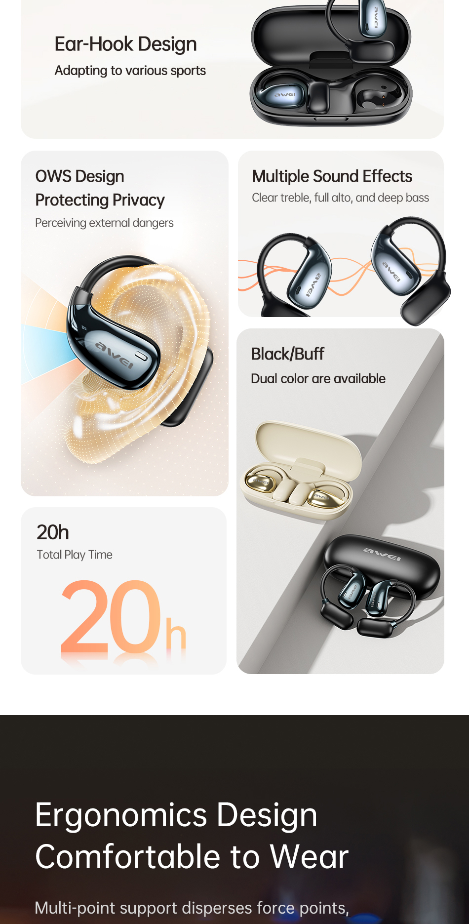 Awei OWS T98 Dual Bass Open Ear Earphone Bluetooth Earbud Liquid ...