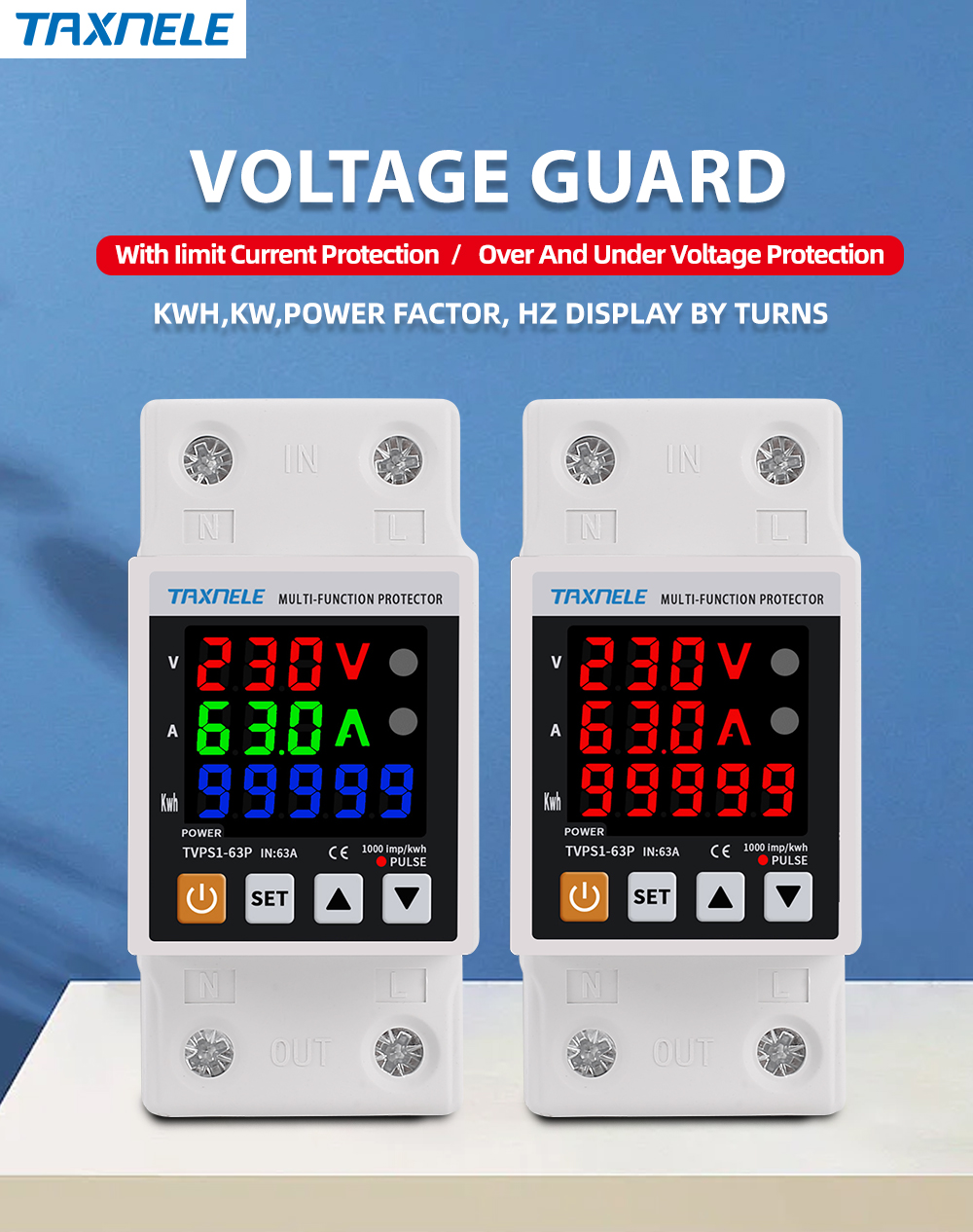 TAXNELE 63A 230V 3IN1 Din rail adjustable over under voltage current ...