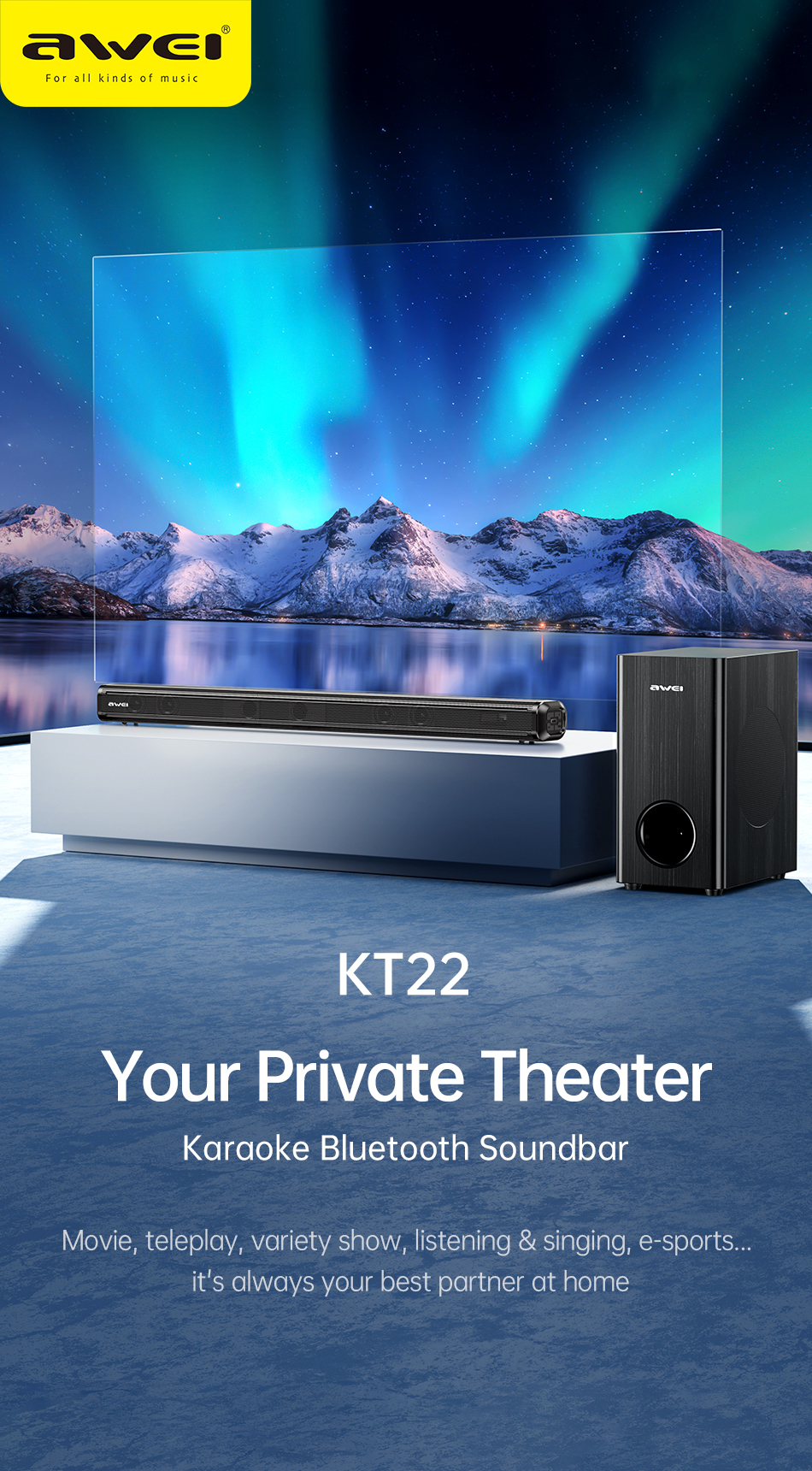 Awei KT22 160W Home Theater Bluetooth Speaker Bass TV Sound Bar With ...