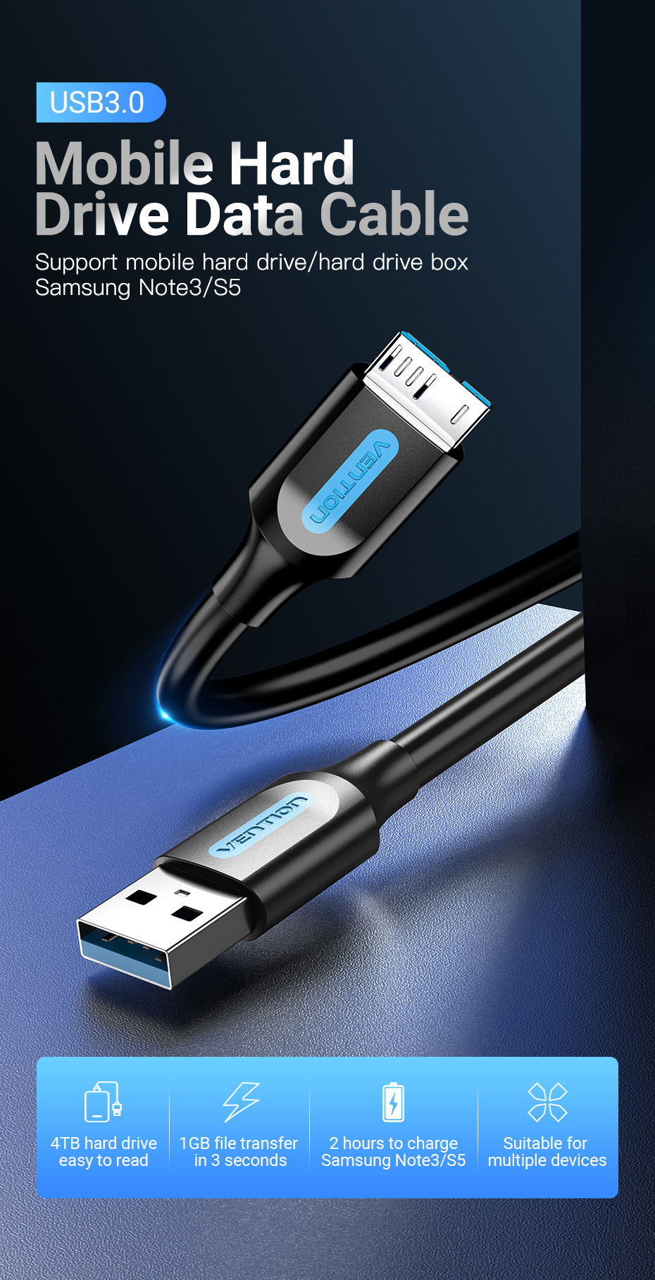 Vention Micro B Cable USB 3.0 High Speed 5Gbps Fast Charging 3A Data ...